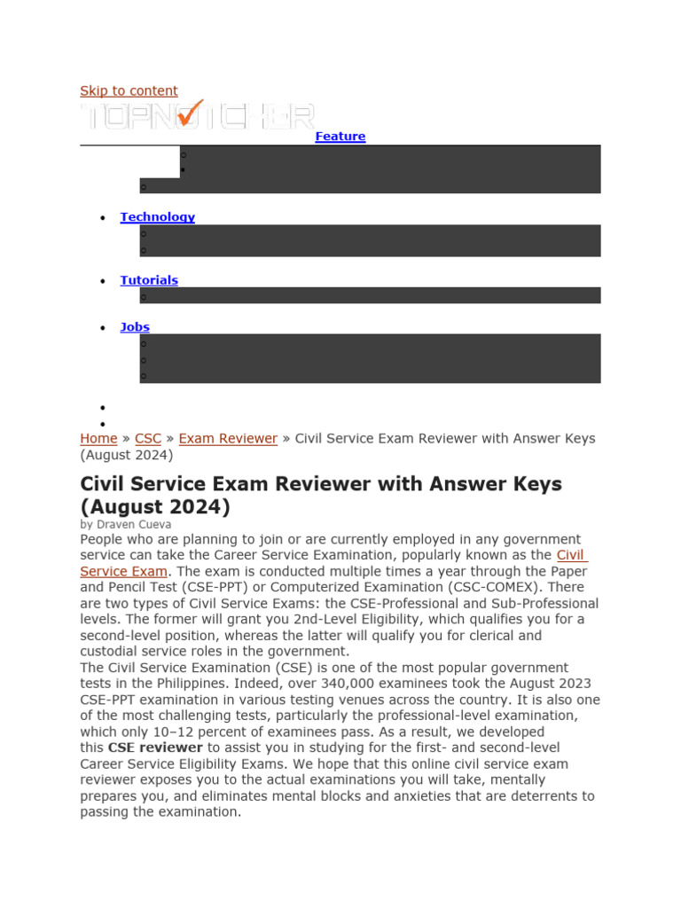 Civil Service Exam Reviewer With Answer Keys (August 2024) : Skip To ...