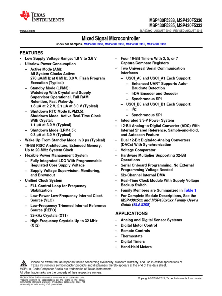 Texas - Instruments MSP430F5338IPZ Datasheet | PDF | Microcontroller | Analog To Digital Converter