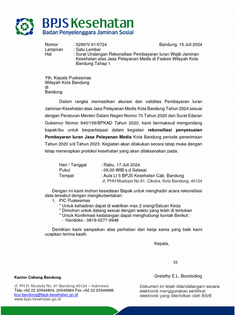 Surat Undangan Rekonsiliasi Pembayaran Iuran | PDF Surat Undangan Rekonsiliasi Pembayaran Iuran | PDF