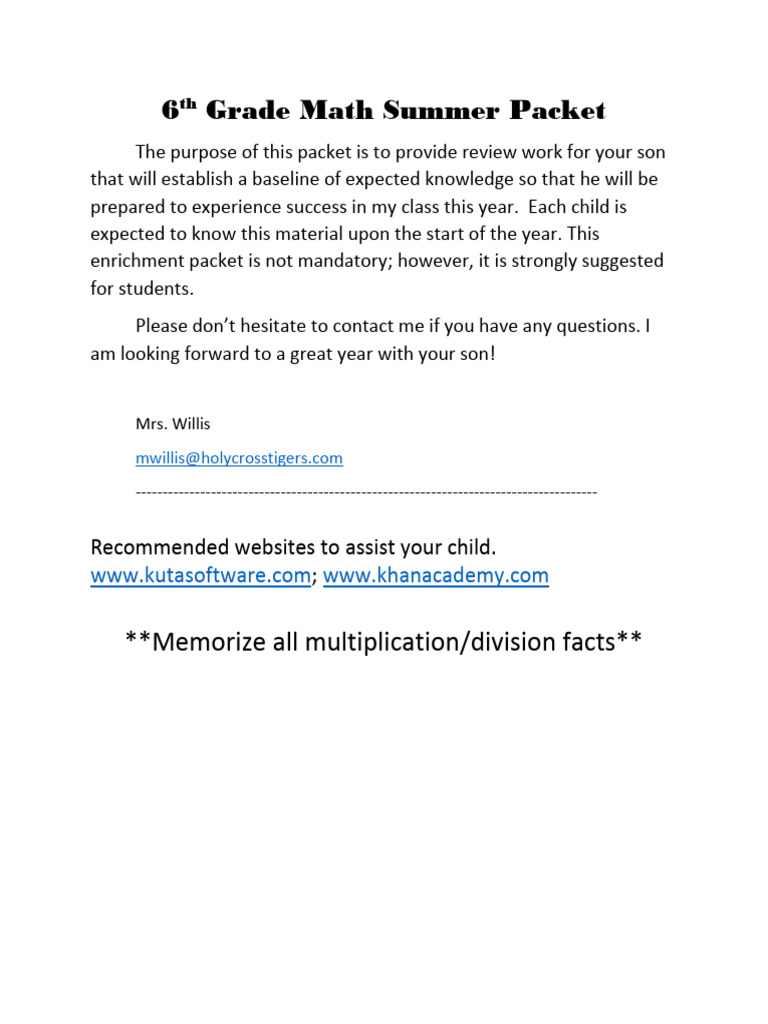 6th Grade Math Summer Review Packet | PDF | Arithmetic | Mathematics