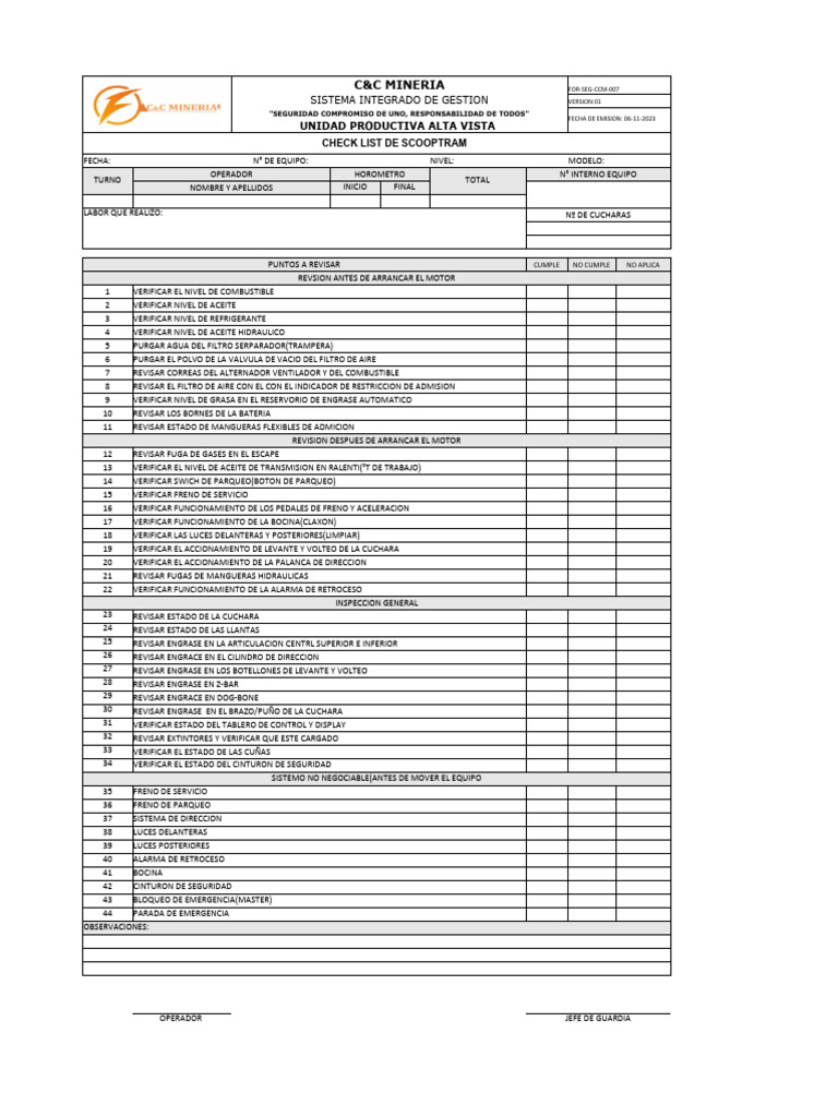 For-Seg-Ccm-007 Checklist Scoop Tram | PDF | Tecnologías automotrices ...