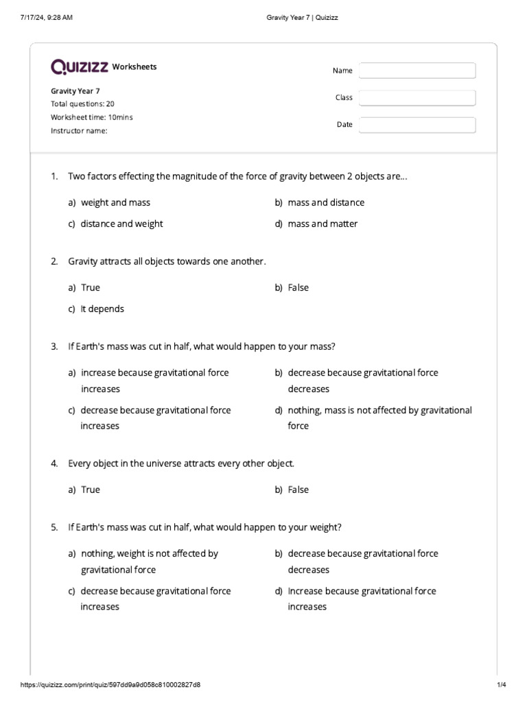 Gravity Year 7 - Quizizz | PDF | Weight | Gravity