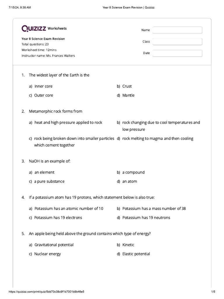 Year 8 Science Exam Revision _ Quizizz | Download Free PDF | Blood ...