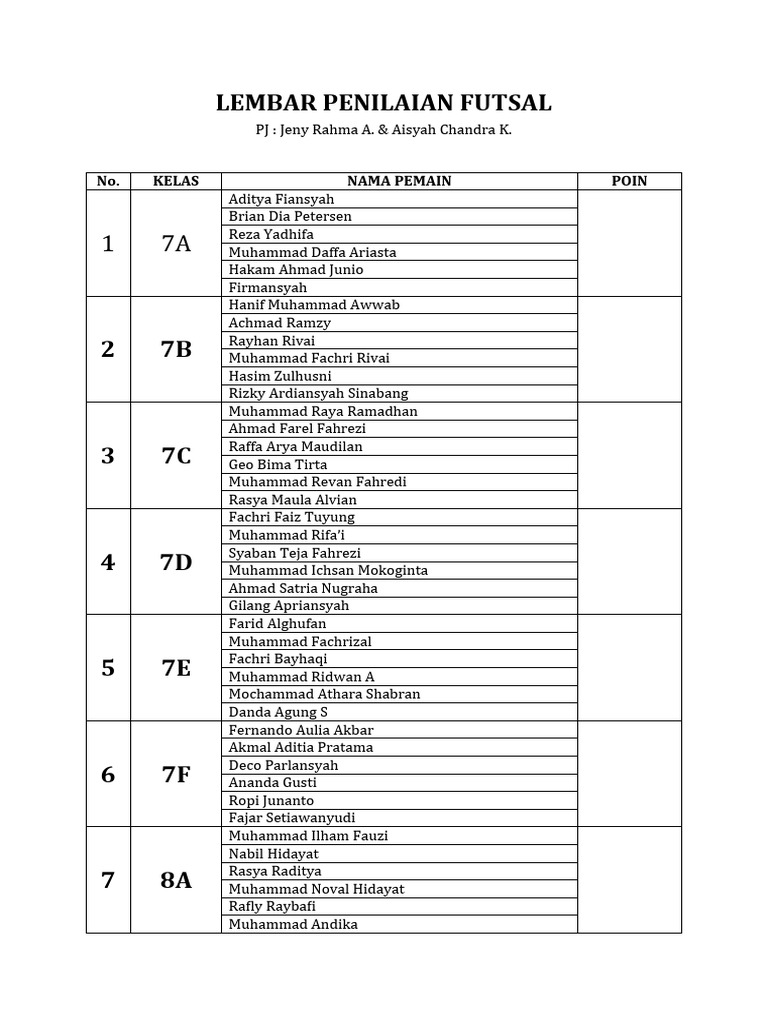 Lembar Penilaian Futsal Siswa | PDF