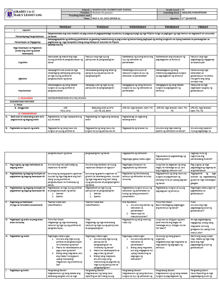 DLL - Araling Panlipunan 6 - Q4 - W5 | PDF