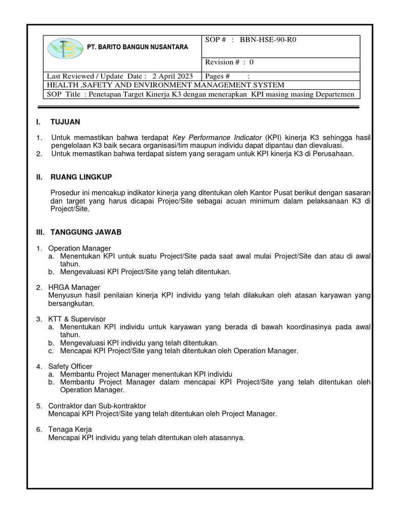 BBN SOP-SHE-90-R0 Penetapan Taget Kinerja K3 Dengan KPI | PDF
