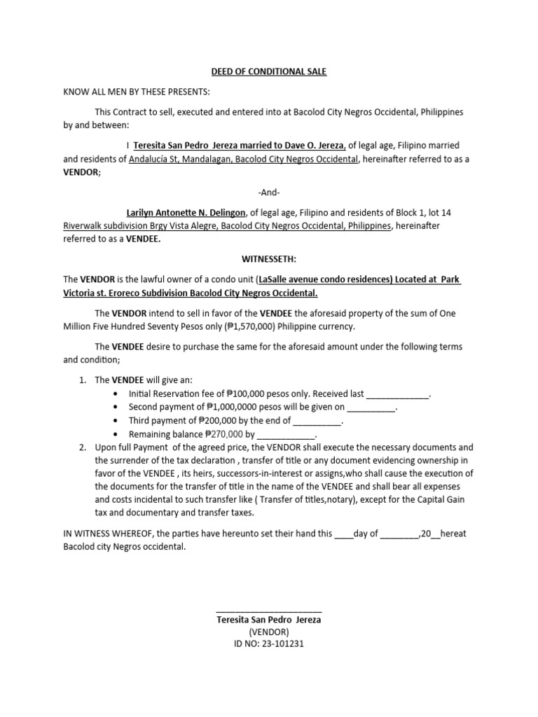 DEED OF Obsolute SALE Condo | PDF | Deed | Private Law