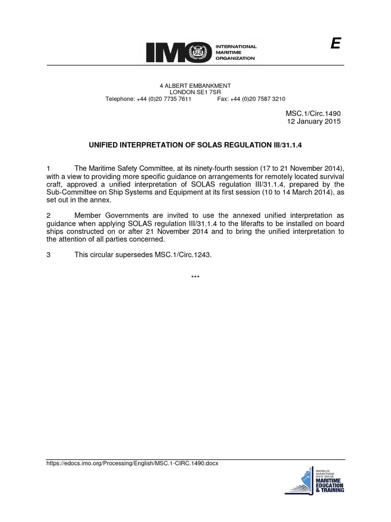 2-1 MSC.1-Circ.1490 - Unified Interpretation of Solas Regulation Iii31.1.4 (Secretariat) | PDF ...