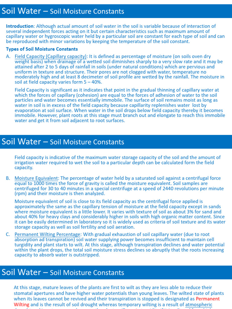 Soil Moisture Constants | PDF | Soil | Water