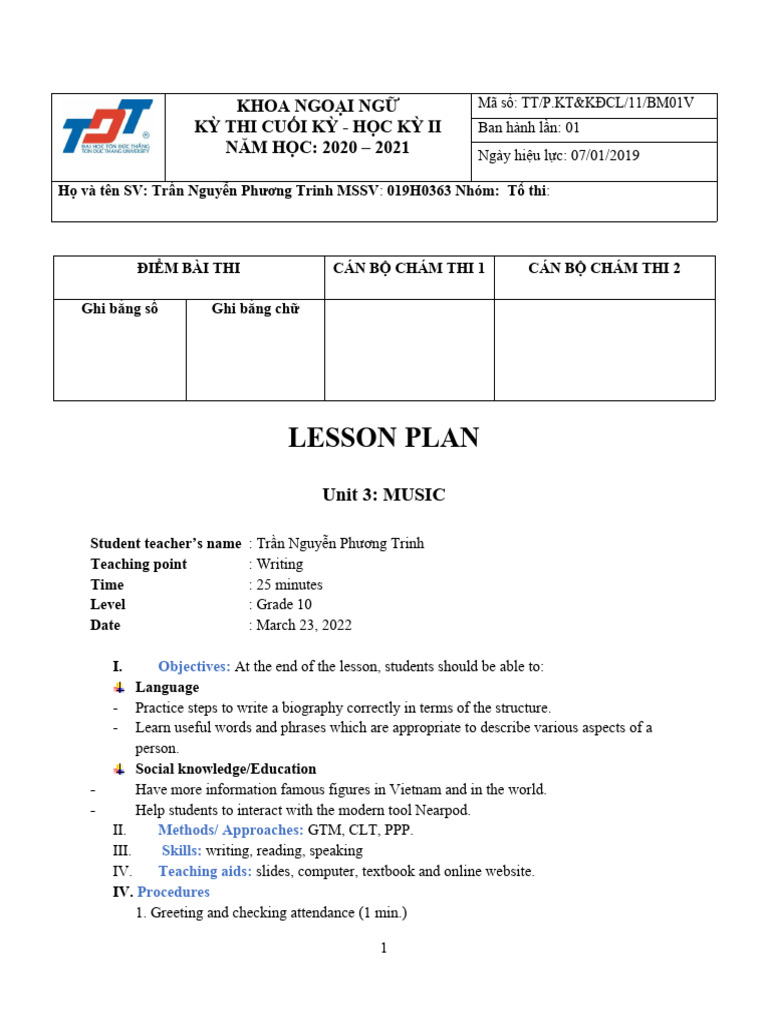 Grade 10 Music Biography Lesson Plan | PDF | Human Communication | Vietnam