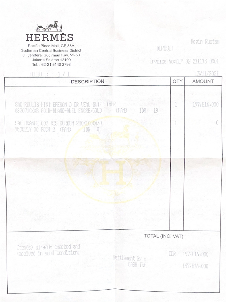 Receipt Hermes Bag | PDF