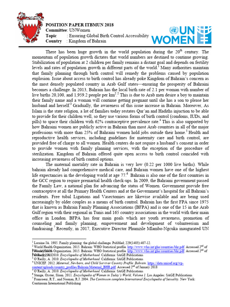 POSITION PAPER - UNWomen - Bahrain | PDF | Birth Control | Family Planning