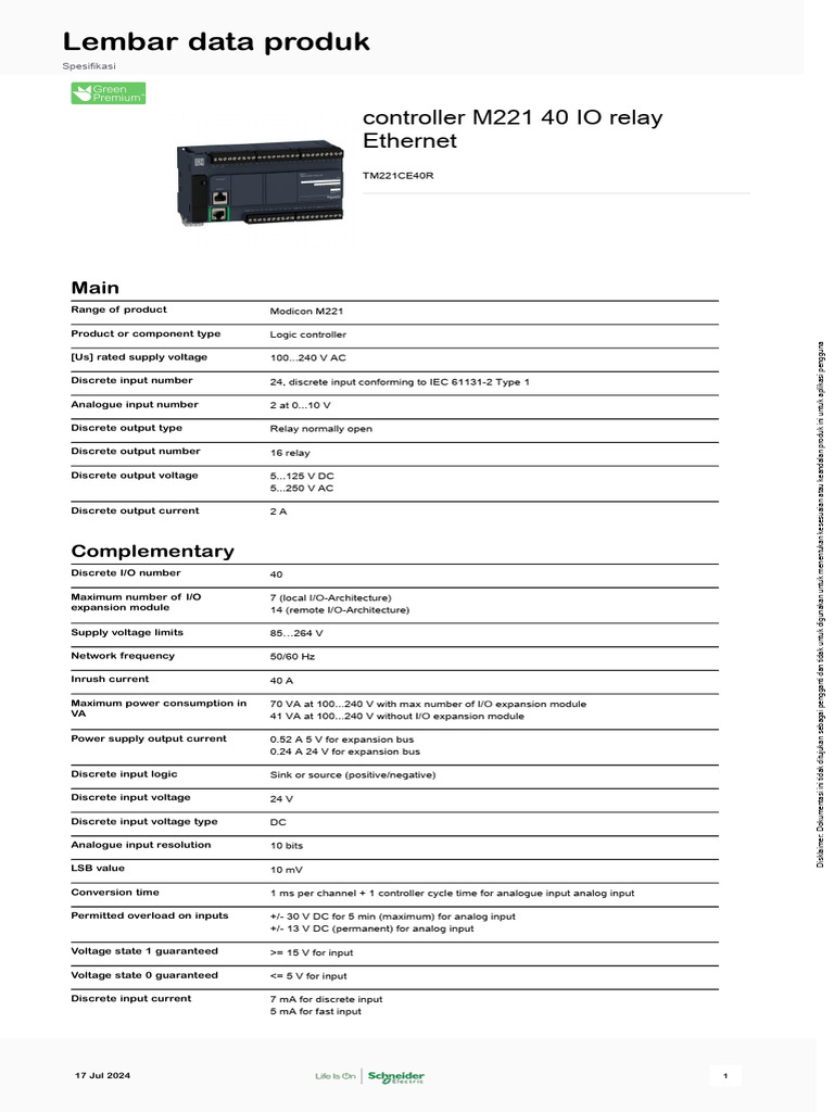 Schneider Electric - PLC-Modicon-M221 - TM221CE40R | PDF | Power Supply ...
