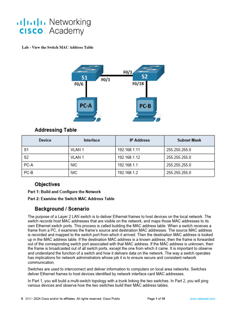 7.3.7 Lab - View The Switch MAC Address Table | PDF | Computer Network | Network Switch