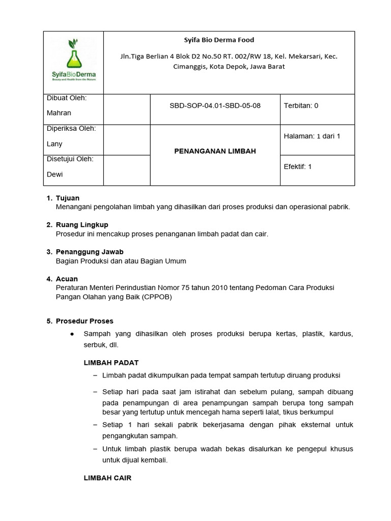 SOP Penanganan Limbah SBD | PDF