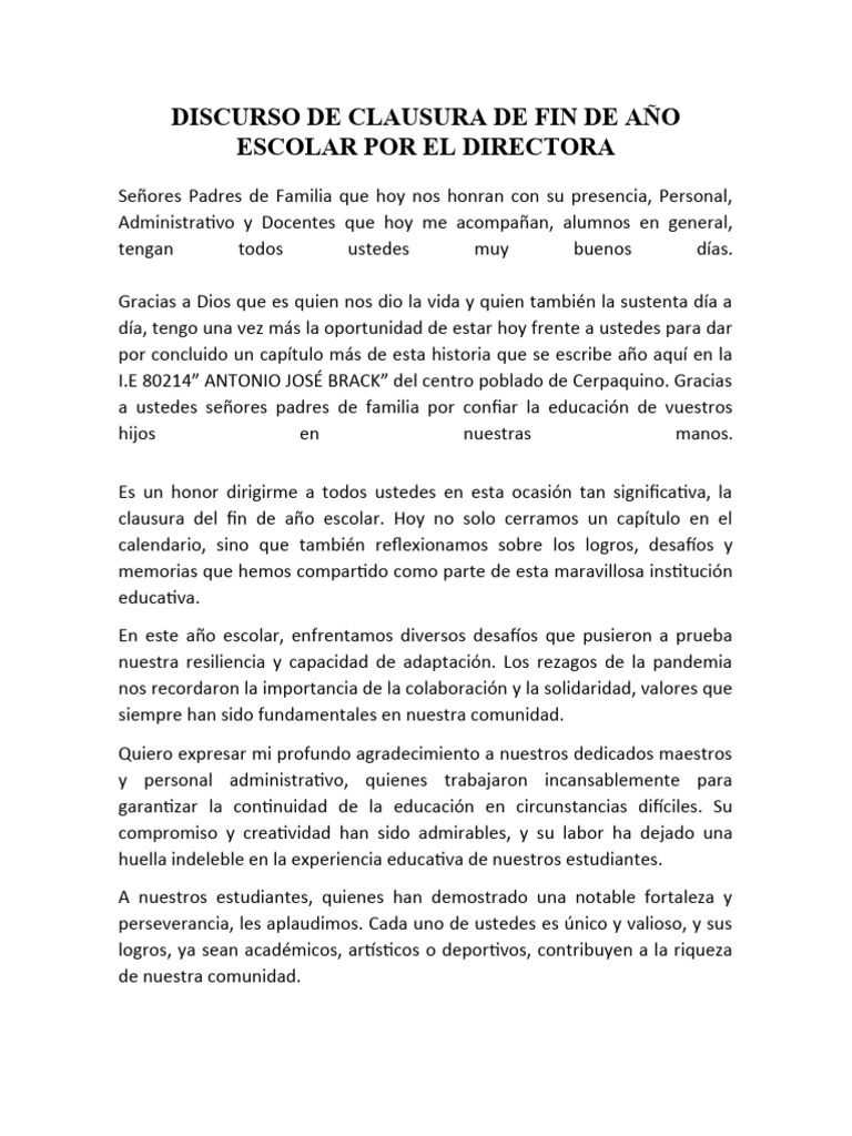Discurso de Clausura de Fin de Año Escolar 2023 Por El Directora | PDF