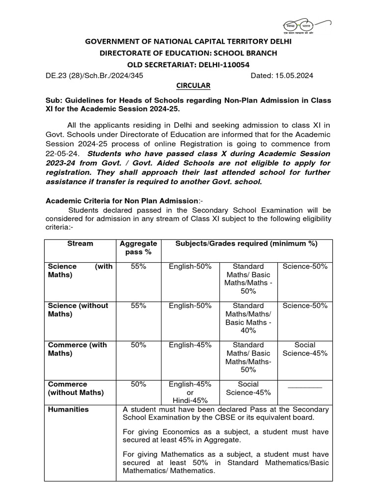 Non-Plan Admission in Class XI.. | PDF | University And College Admission