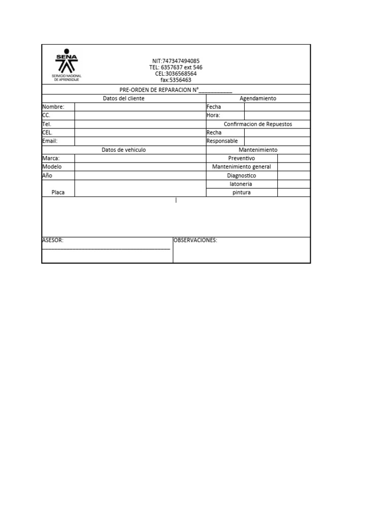 Anexo N°4 Formatos Taller | PDF | Vehículo de motor | Vehículos terrestres