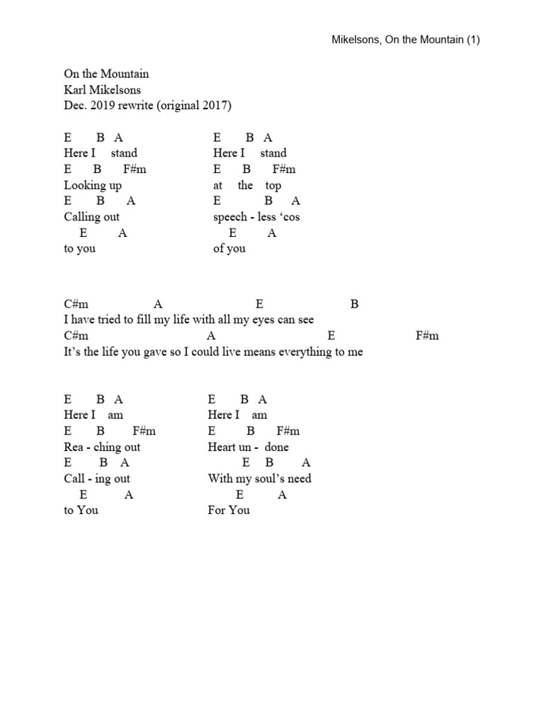 On The Mountain - Aug 2019 - Tabs (Original Lyrics) | PDF