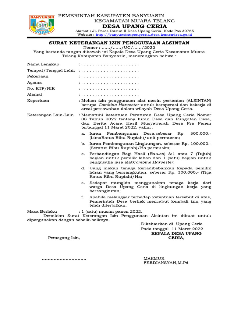 Izin Penggunaan ALSINTAN Desa Upang Ceria | PDF