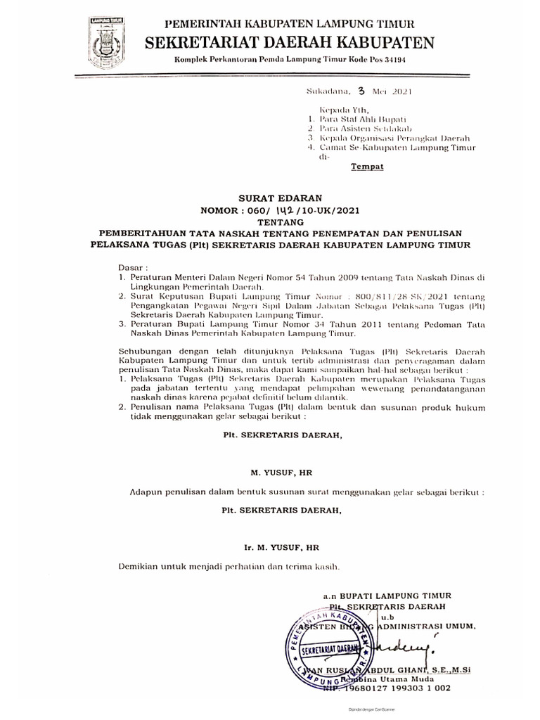 SE Penempatan Dan Penulisan PLT Sekretaris Daerah | PDF