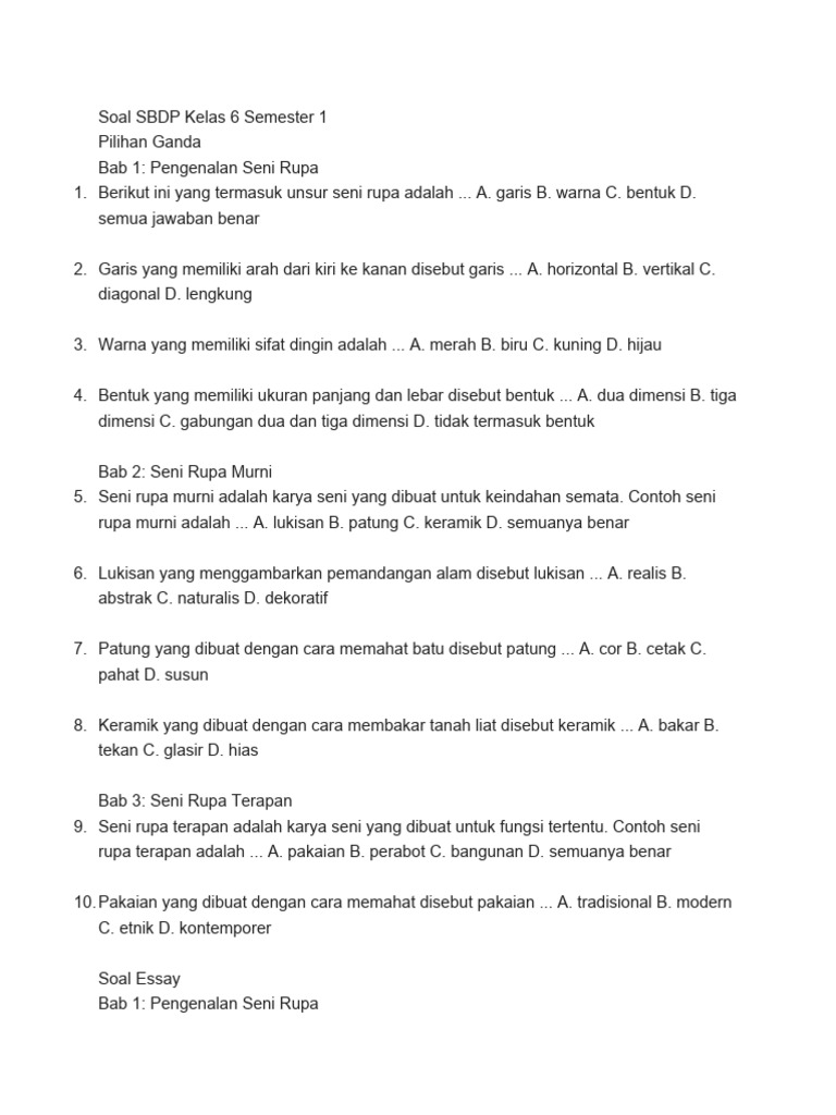 Soal SBDP Kelas 6 Semester 1 | PDF | Seni | Gaya Hidup