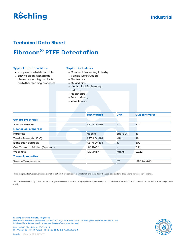Technical Data Sheet Fibracon® PTFE Detectaflon 709598 EN | PDF | Materials Science | Secondary ...