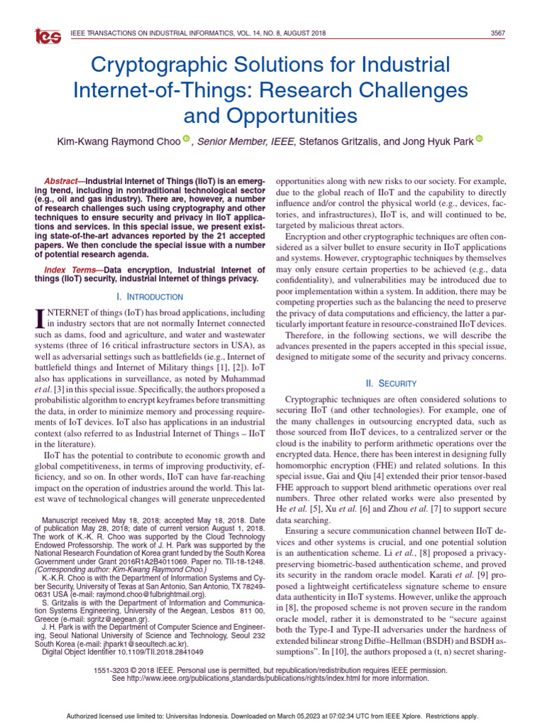 Cryptographic Solutions For Industrial Internet-of-Things Research Challenges and Opportunities ...