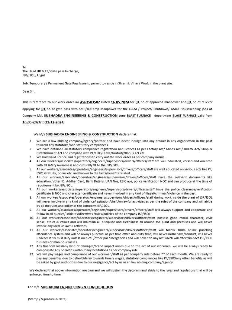 Undertaking Letter For Gate Pass | PDF | Justice | Crime & Violence