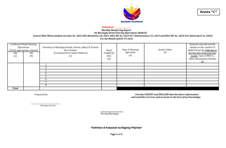 Annex C - Barangay BaRCO Monthly Monitoring Report Template With PBs ...