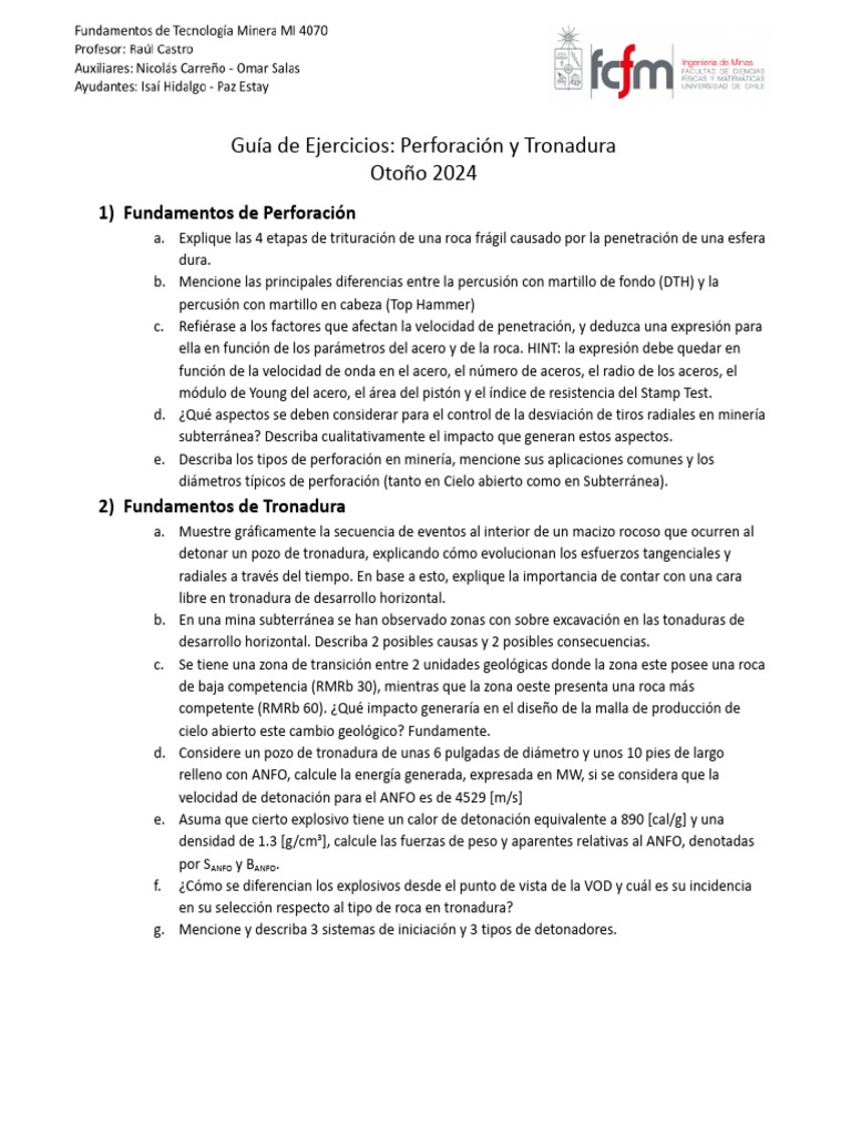 Gu A de Ejercicios Perforaci N y Tronadura | PDF | Minería | Materiales