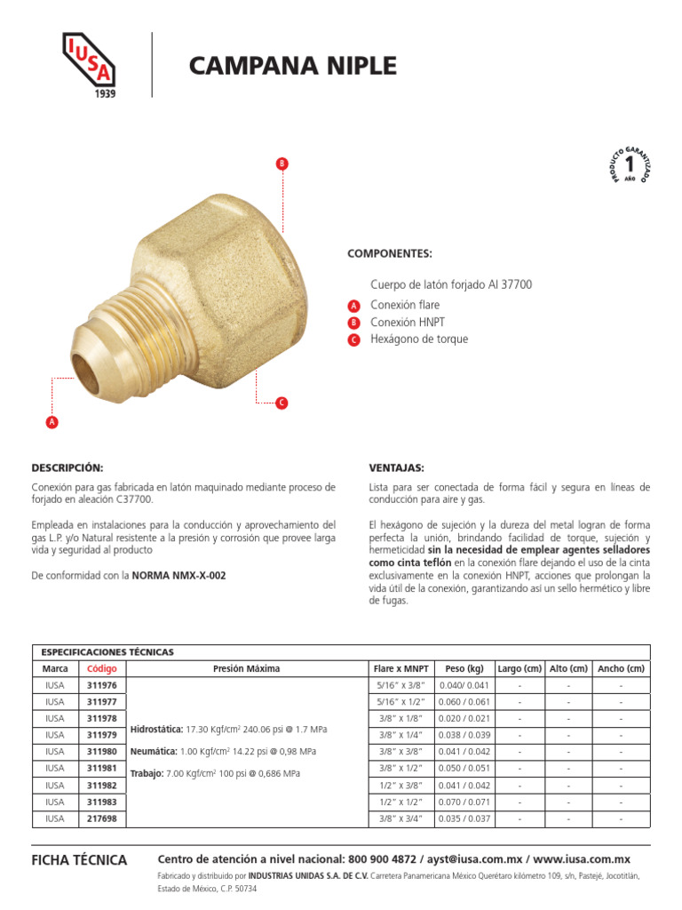 Campana Niple de Laton 3 8 X 1 8 | PDF | Ingeniería de Edificación | Materiales de construcción