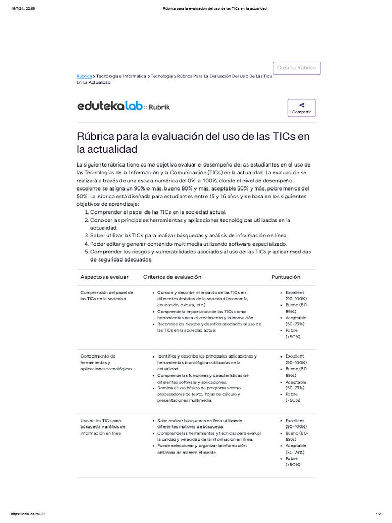 Rúbrica para La Evaluación Del Uso de Las TICs en La Actualidad | PDF | Tecnología de ...