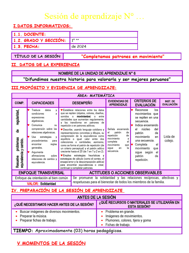 Sesión Completamos Patrones en Movimiento Maestra Janet | PDF | Aprendizaje