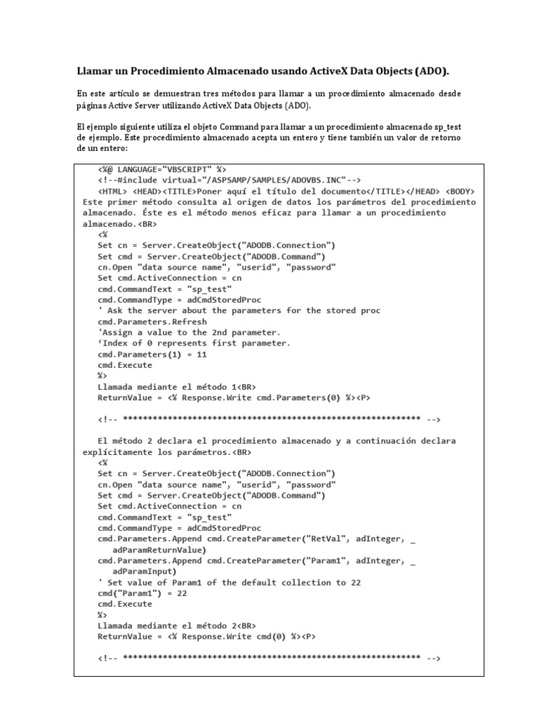 Llamar Un Procedimiento Almacenado Usando Activex Data Objects Pdf Active X Data Objects