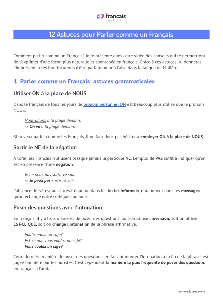 Parler comme un Français : 12 astuces | PDF | Question | Phrase