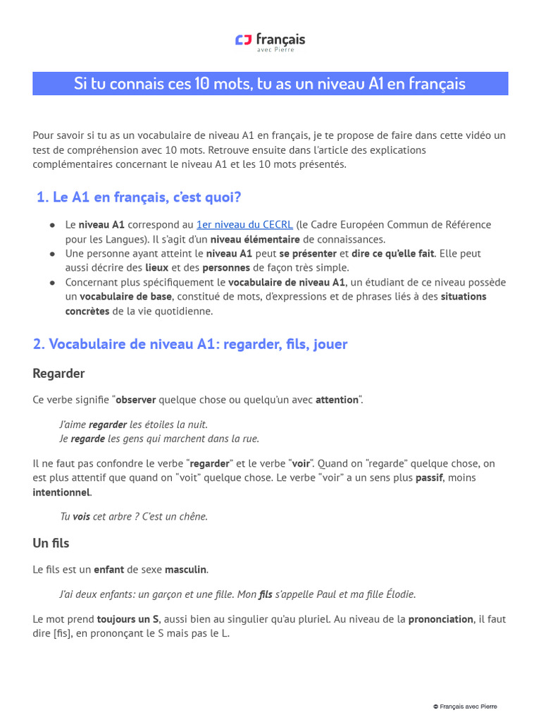 10 mots pour le niveau A1 en français | PDF | Nombre grammatical | Verbe
