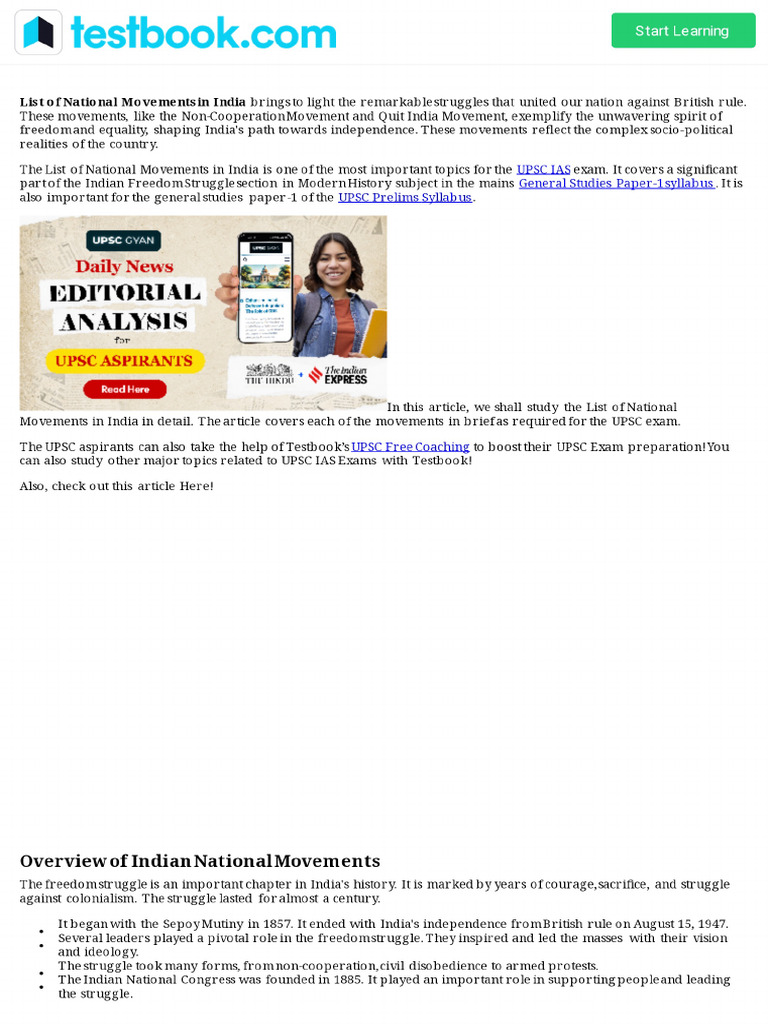 List of Indian National Movements - From 1857 To 1947 - in Detail | PDF