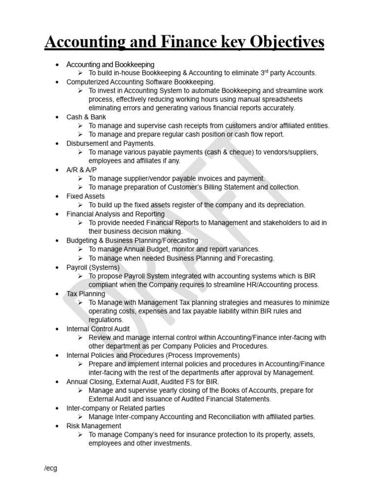 Accounting and Finance Objectives Overview | PDF | Accounting ...
