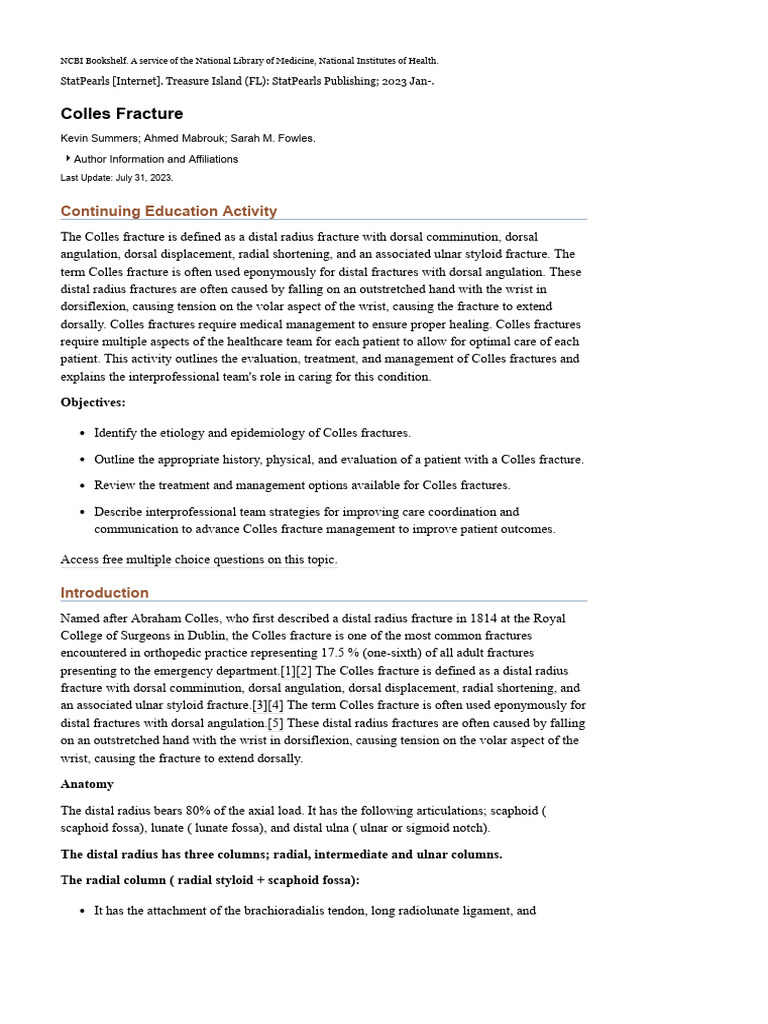 Colles Fracture - StatPearls - NCBI Bookshelf | PDF | Limbs (Anatomy ...