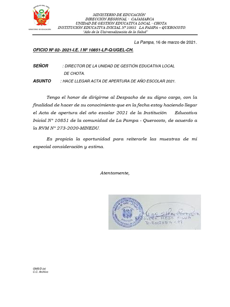 OFICIO #02-2021-I.E. I #10851-LP-Q/UGEL-CH.: La Pampa, 16 de Marzo de 2021 | PDF
