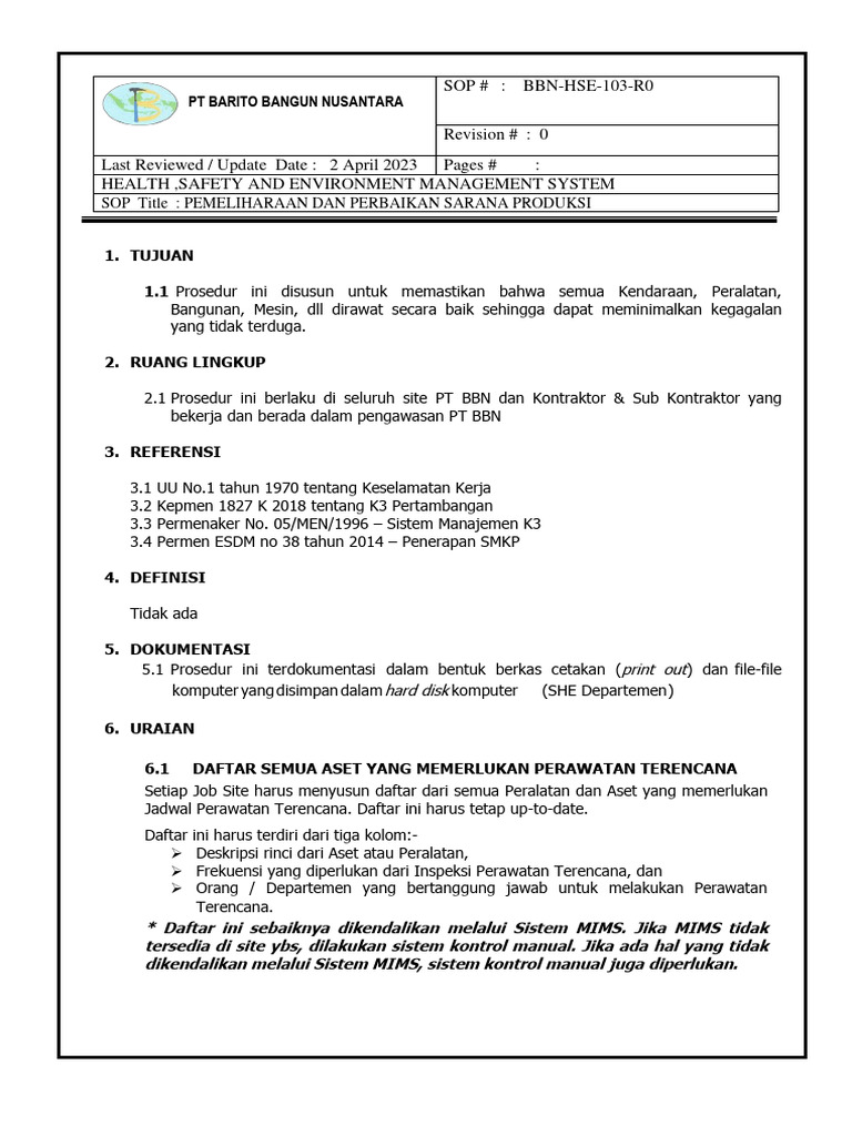BBN Sop-She-103-R0 Pemeliharaan Dan Perbaikan Sarana Produksi | PDF ...