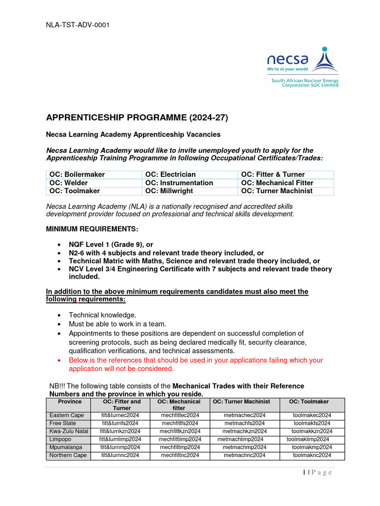 2024-27 Necsa Apprenticeship Vacancies | PDF | Machinist