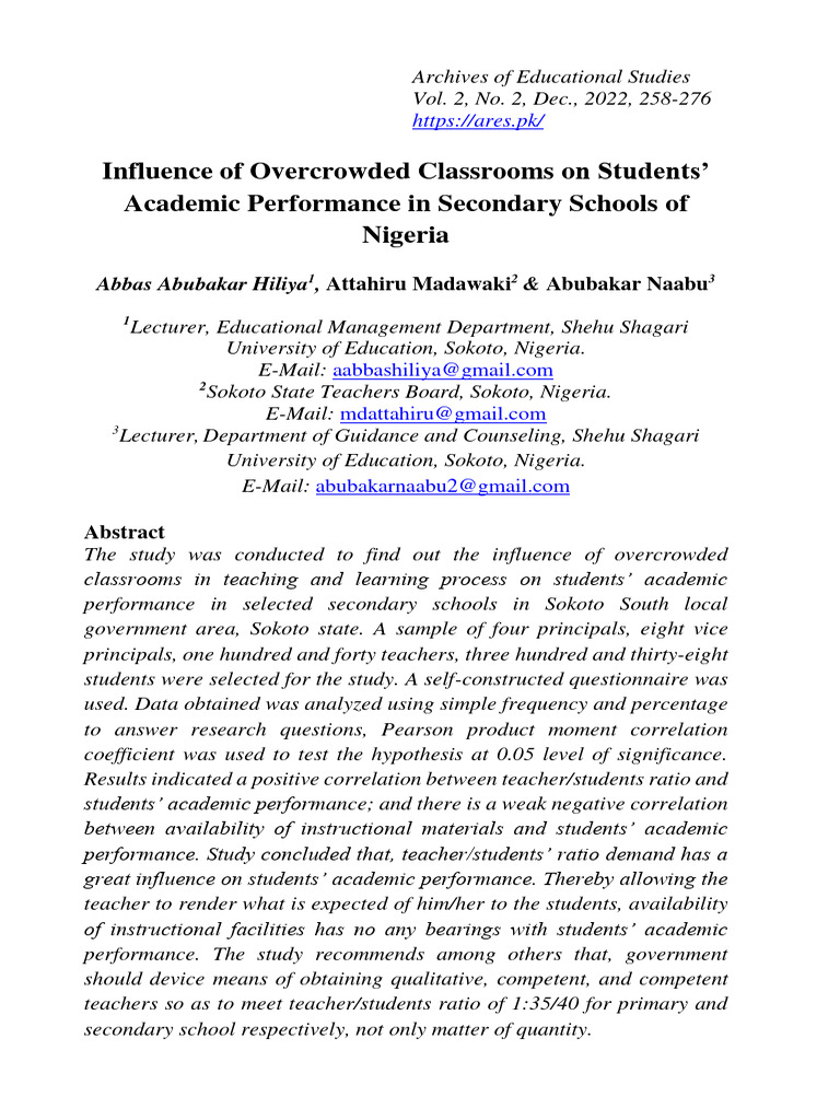 Impact of Overcrowded Classrooms in Nigeria | PDF | Teachers | P Value