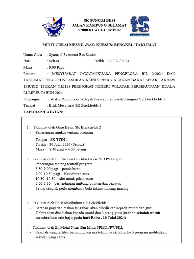 MINIT CURAI SKSB 1m1s Sepak Takraw 2024 | PDF