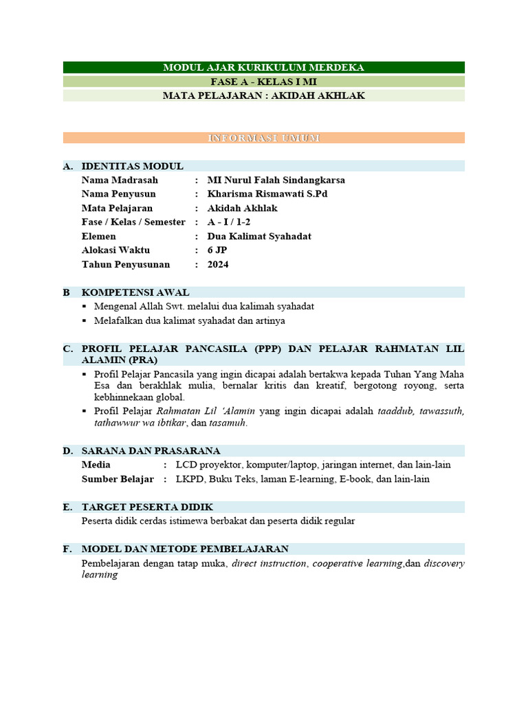 Modul Ajar Akidah Akhlak Kelas 1 MI | PDF | Karier & Perkembangan