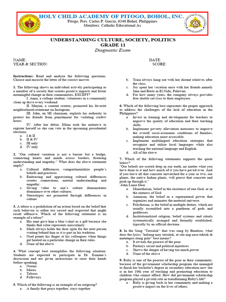 Ucsp Diagnostic Test | PDF | Sociology | Gender