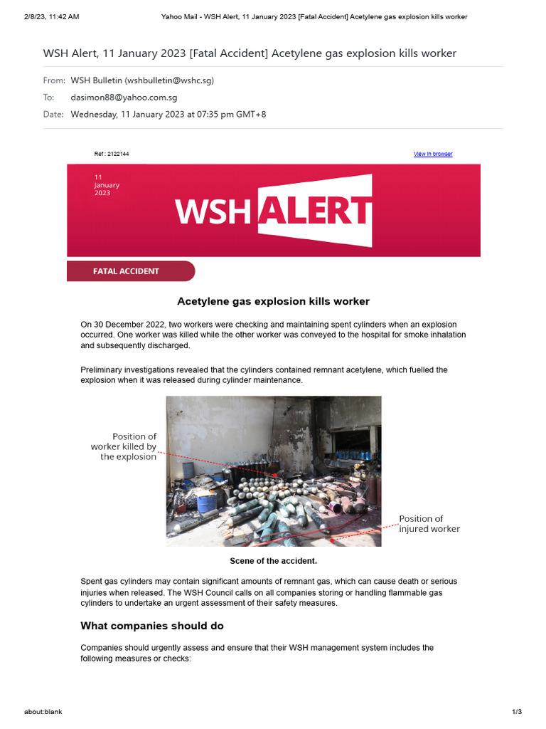 Acetylene Explosion Kills Worker: WSH Alert | PDF | Safety ...