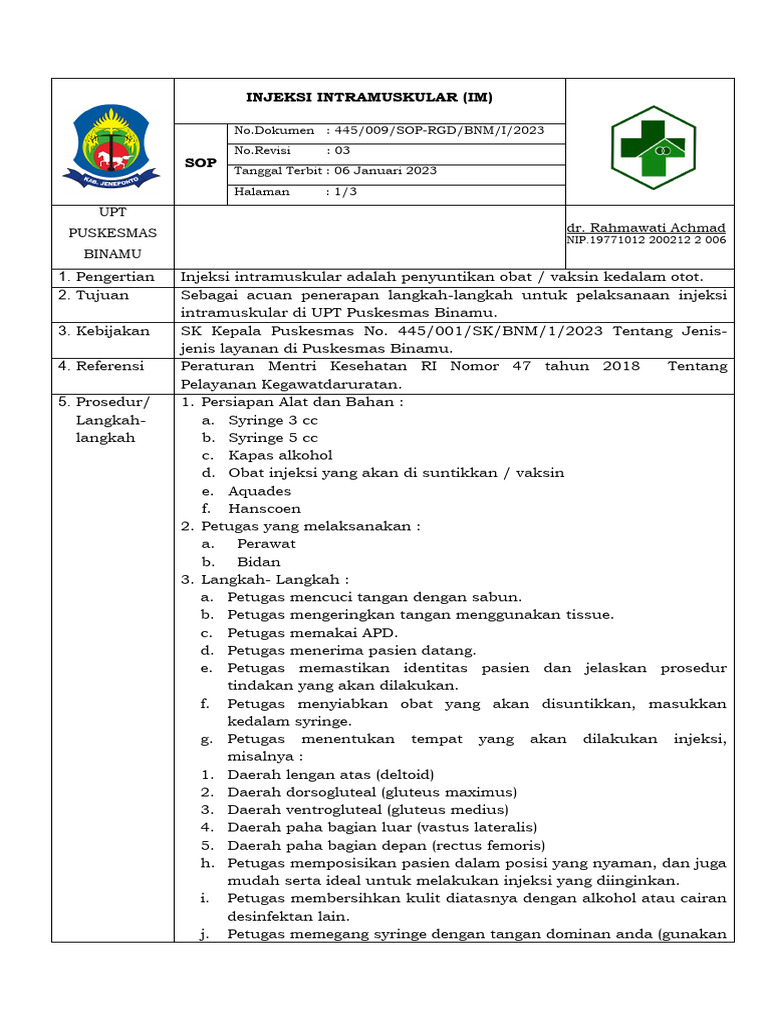 Sop Injeksi Intramuskular (Im) | PDF