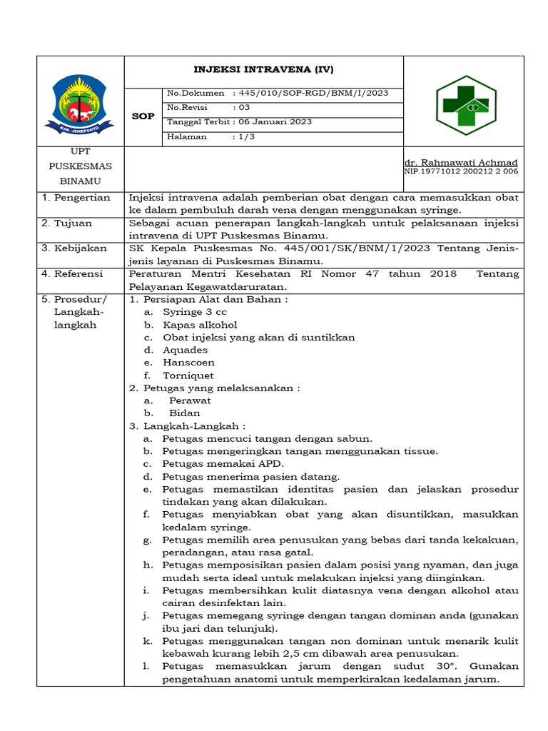 Sop Injeksi Intravena (Iv) | PDF